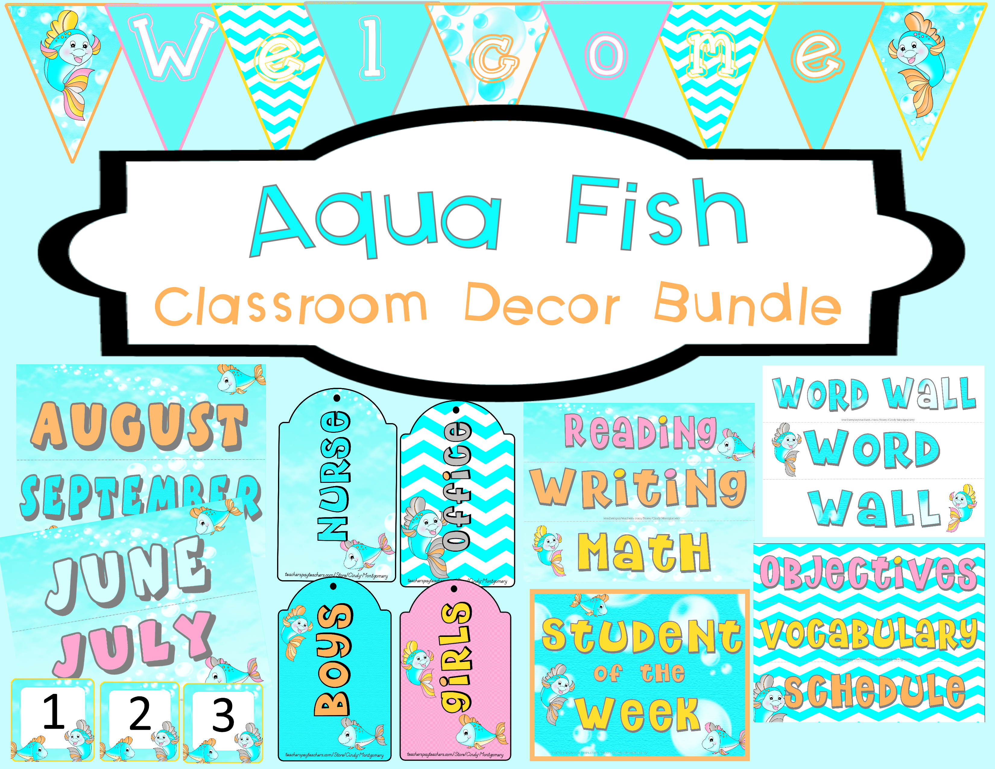 Aqua Fish Classroom Decor Bundle | Every Day Is The Weekend